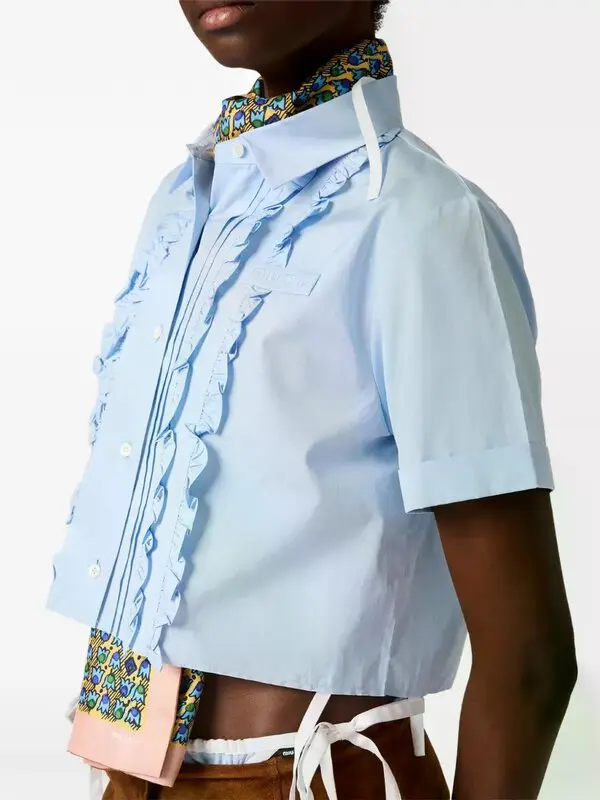 Miu Miu Cropped Poplin Shirt With Ruffle Detail - Blue