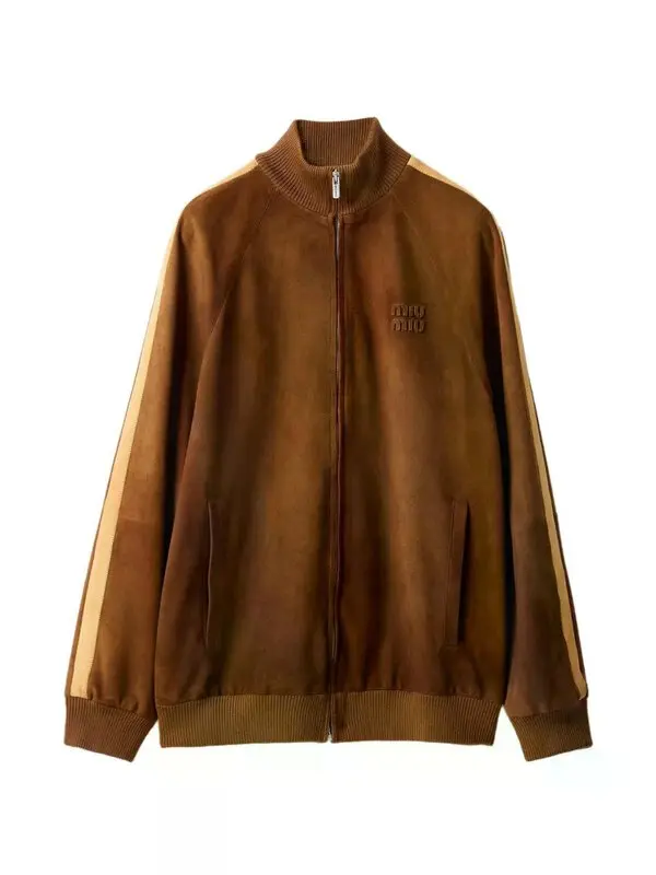 Miu Miu Waxed Suede Jacket With Intarsia Detail - Brown