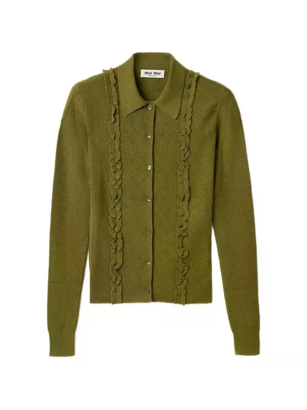 Miu Miu Cashmere And Silk Cardigan With Crochet And Ruffles - Green