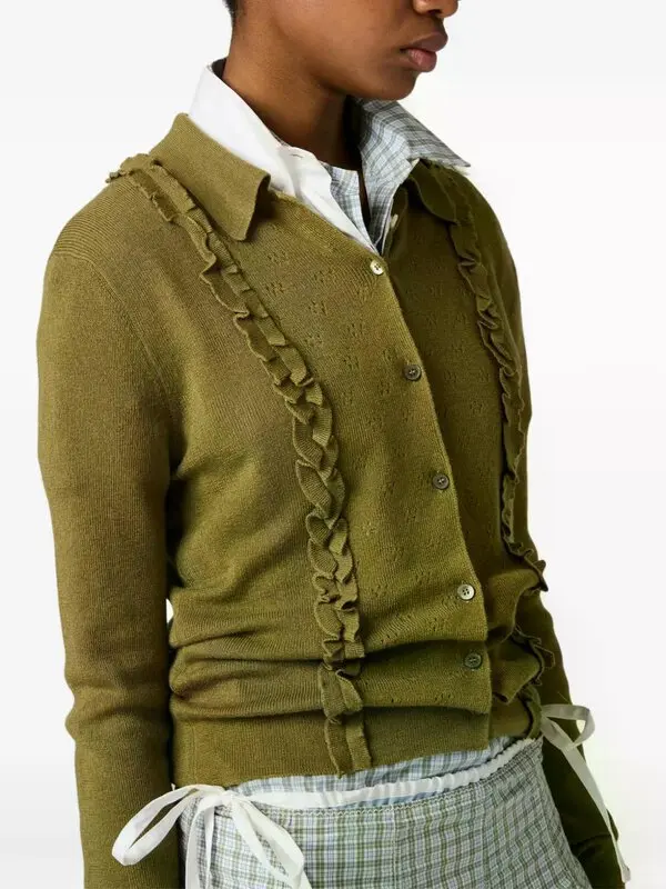 Miu Miu Cashmere And Silk Cardigan With Crochet And Ruffles - Green