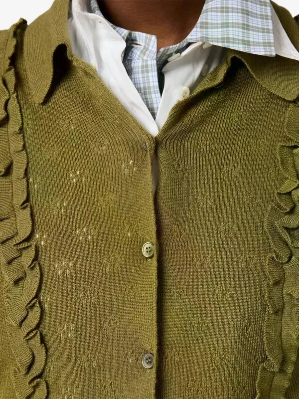 Miu Miu Cashmere And Silk Cardigan With Crochet And Ruffles - Green