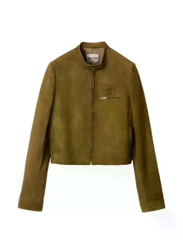 Miu Miu Waxed Suede Jacket With Logo Detail - Green