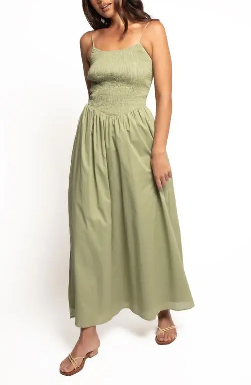 PETAL & PUP Cagnes Smocked Cotton Maxi Sundress - Olive