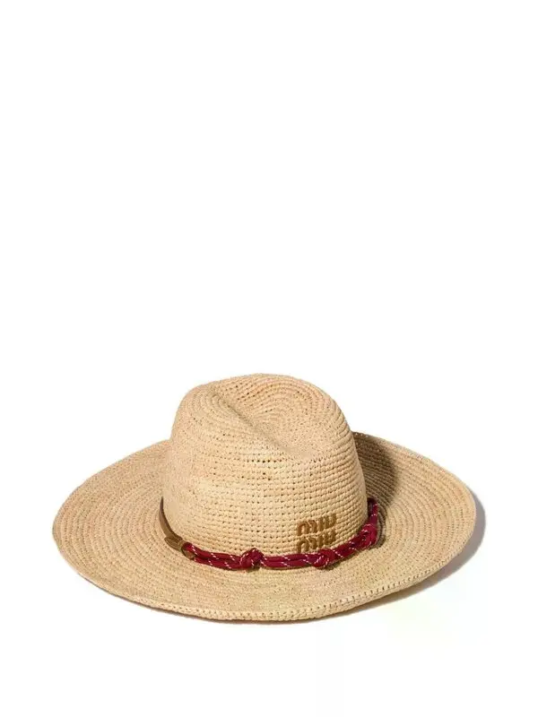 Miu Miu Raffia Sun Hat With Leather And Ribbon Details - Neutrals