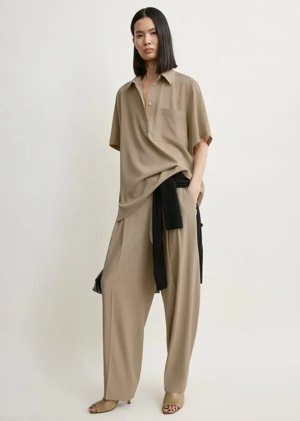 TOTEME Fluid Wool Blend Oversized Polo Shirt - Beige