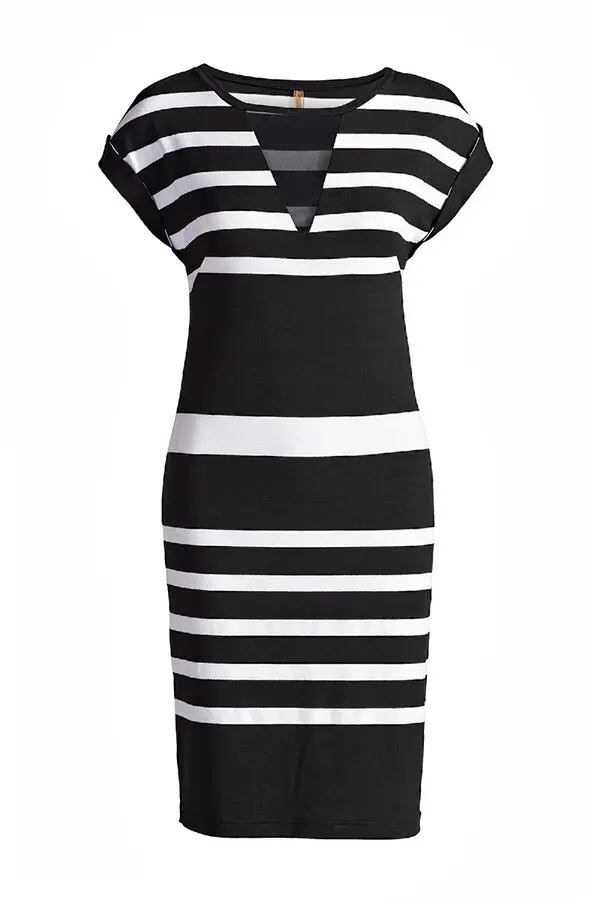 CONQUISTA Striped Dress With Sheer V-neckline Detail