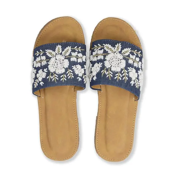 PODE Denim Handmade Floral Resort Slides With Waterproof Sole - Blue