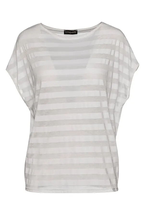 CONQUISTA Semi-sheer Striped Boatneck Top - Beige