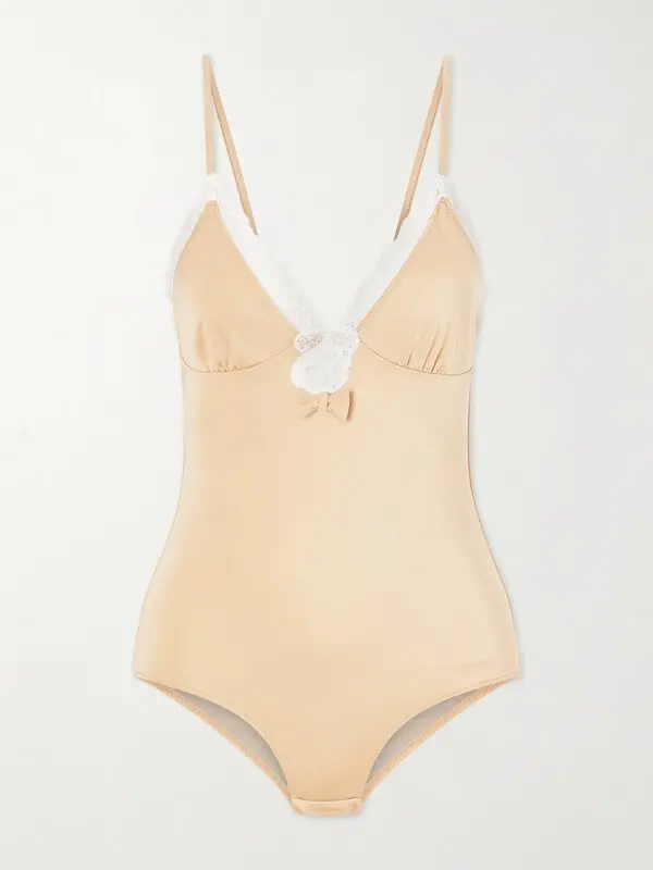 Chloé Lace-trimmed Stretch-jersey Bodysuit With Bow Detail - Neutrals