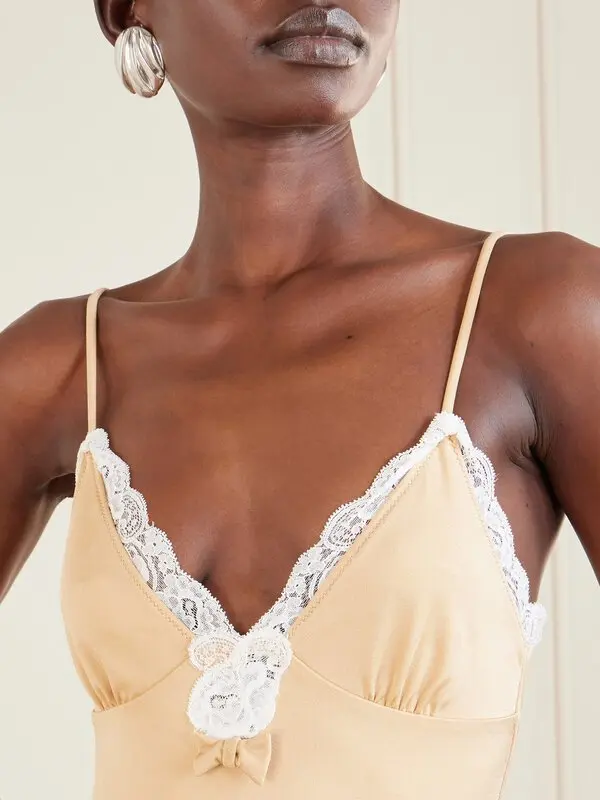 Chloé Lace-trimmed Stretch-jersey Bodysuit With Bow Detail - Neutrals