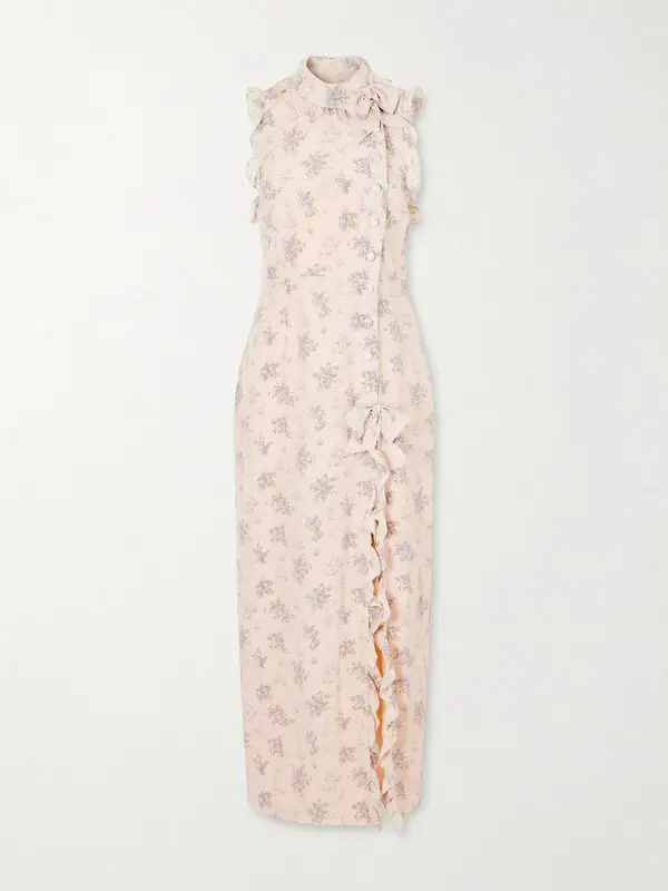 Alessandra Rich Ruffled Floral Silk Midi Dress - Pink