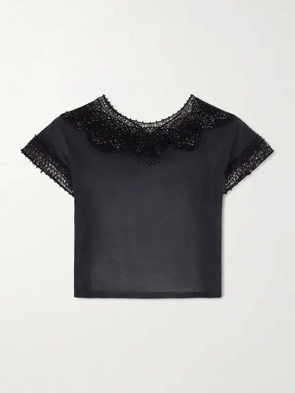 NILI LOTAN Caila Crochet-trimmed Ramie Top - Black