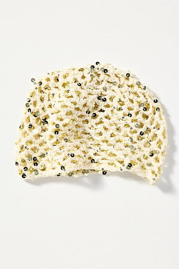 Anthropologie Sequin Embellished Knit Beanie - Cream