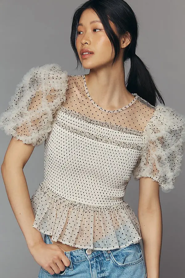 English Factory Sheer Puff-sleeve Top With Polka Dots - Black & White Pattern