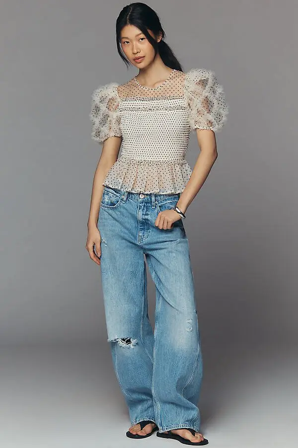 English Factory Sheer Puff-sleeve Polka Dot Top