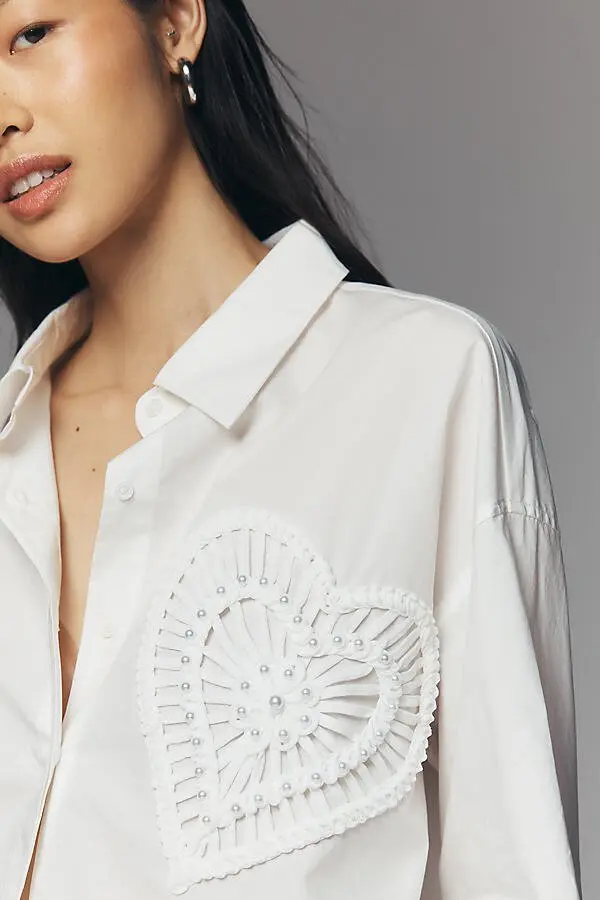 English Factory Pearl Embellished Cotton Shirt - White