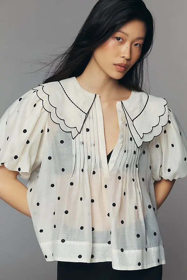 English Factory Scalloped Collar Polka Dot Blouse