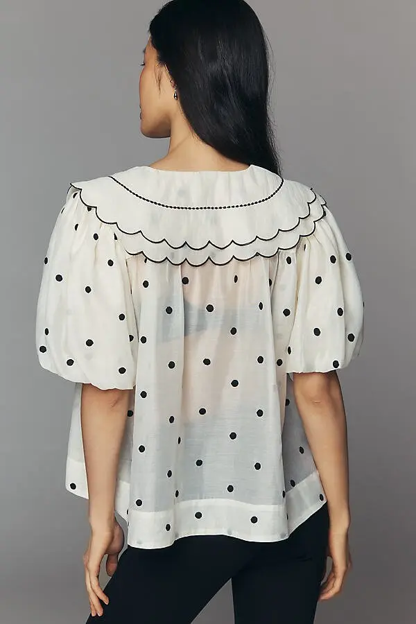 English Factory Scalloped Collar Polka Dot Blouse