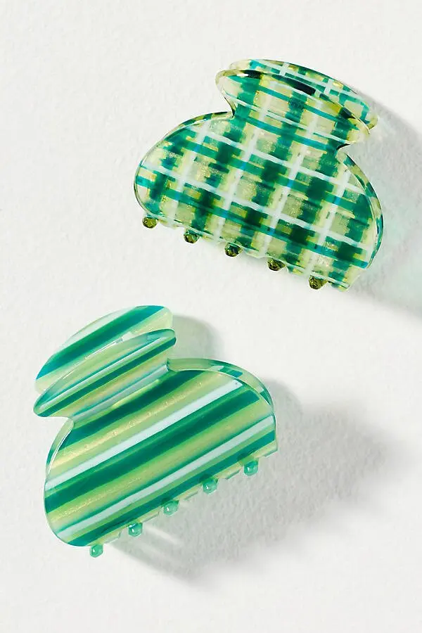 Anthropologie Set Of Two Acrylic Claw Clips - Green Pattern