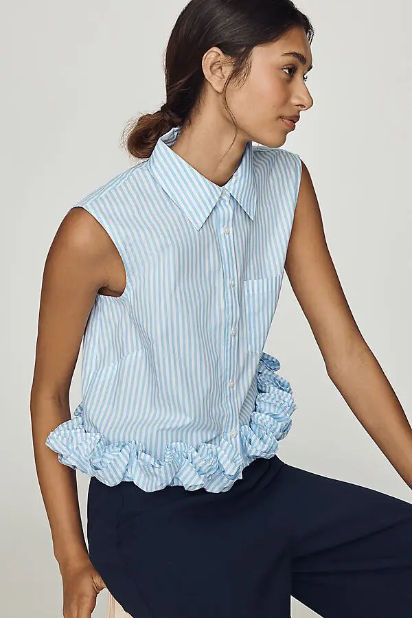 Maeve Cotton Ruffle Buttondown Shirt - Blue Stripe