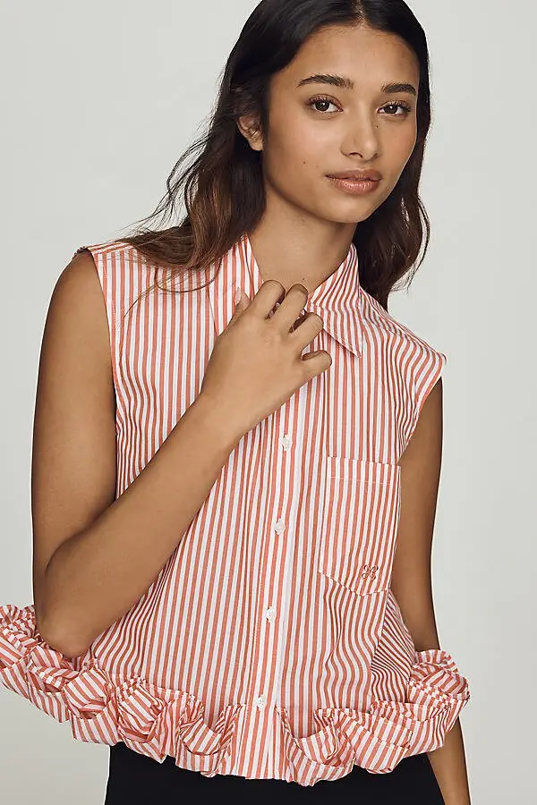 Maeve Cotton Ruffle Buttondown Shirt - Red Stripe