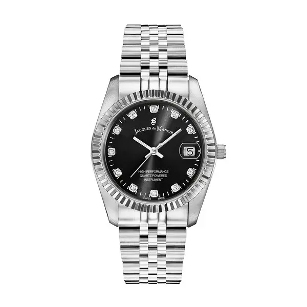 JACQUES DU MANOIR Swiss Made Stainless Steel Quartz Watch With Crystal Accents - Black