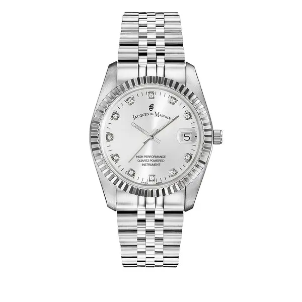 JACQUES DU MANOIR Swiss Made Stainless Steel Quartz Watch With Crystal Accents - Silver