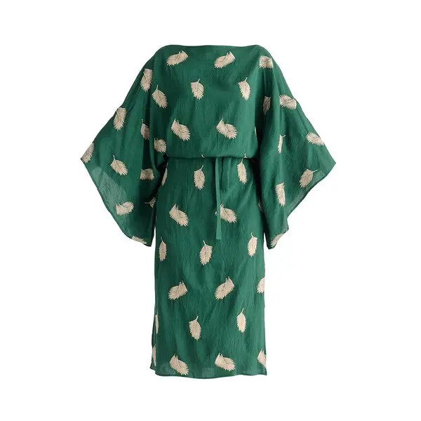 PAISIE Leaf Embroidered Kimono Sleeve Midi Dress - Green/gold