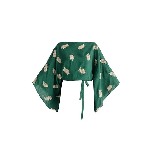 PAISIE Leaf Embroidered Kimono Sleeve Top - Green