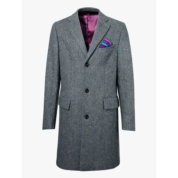KOY CLOTHING Charcoal Wool Herringbone Overcoat With Kikoy Detailing - Grey