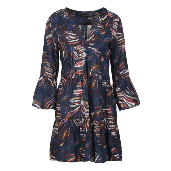 CONQUISTA Leaf Print A-line Dress With Bell Sleeves - Blue