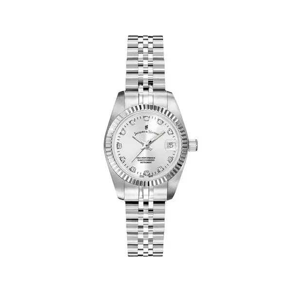 JACQUES DU MANOIR Swiss Made Stainless Steel Link Bracelet Watch With Crystals And Date Function - Silver
