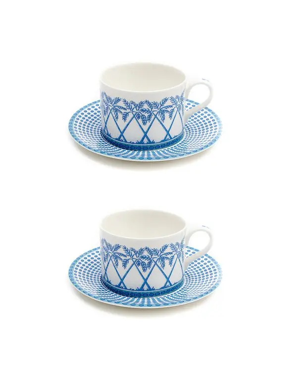 PINK HOUSE Fine Bone China Two Cups & Saucers Palms - Blue