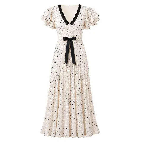 ROSE & NANCY Chloe Polka Dot Lace Detail Tie Waist Maxi Dress - White