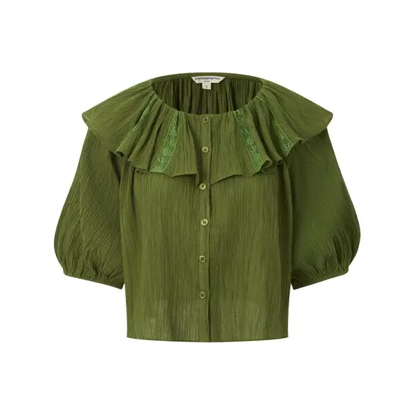 PECANPEPPERPELICAN Moss Crinkled Cotton Balloon Sleeve Top