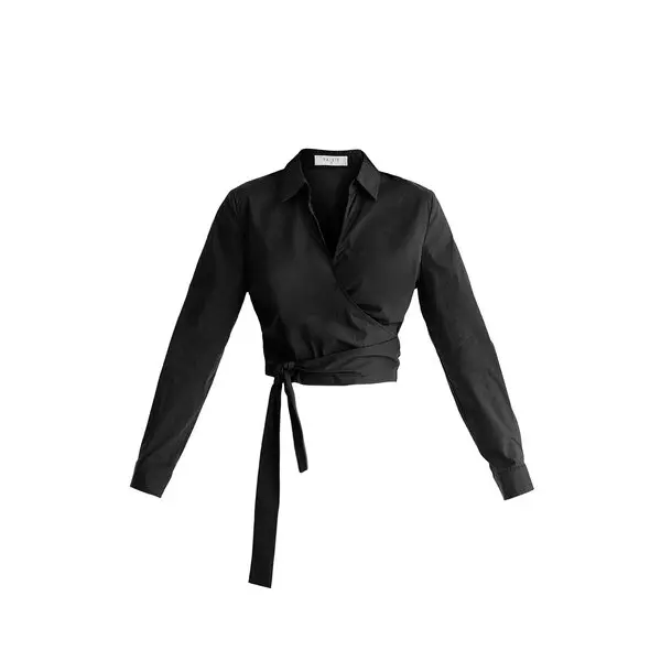 PAISIE Side Tie Wrap Blouse - Black