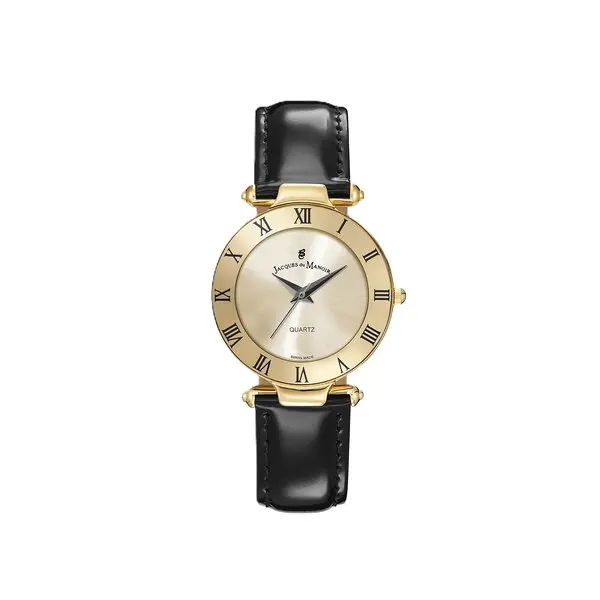 JACQUES DU MANOIR Swiss Made Coupole Classic Quartz Watch With Case And Black Leather Strap - Gold