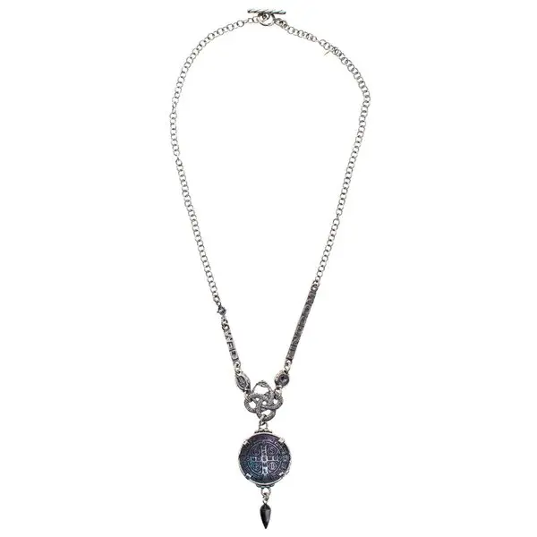 GEM KINGDOM Sterling Silver Black Mother Of Pearl Saint Benedict Charm Necklace - Silver/black