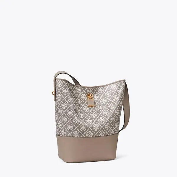 Tory Burch T Monogram Coated Jacquard Lock Slim Bucket Bag - Charcoal