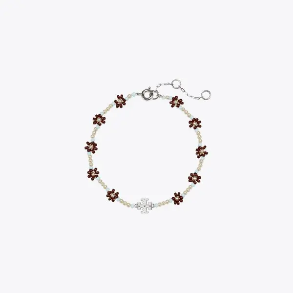 Tory Burch Beaded Flower Bracelet With Double T Charm - Dark Brown