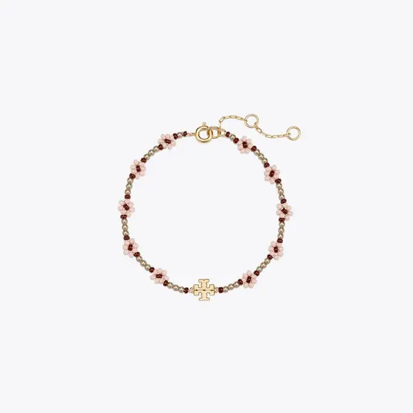 Tory Burch Beaded Flower Bracelet With Double T Charm - Light Pink