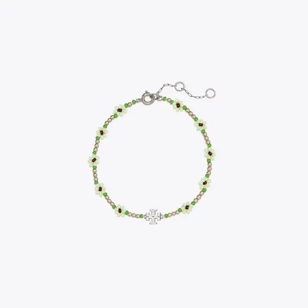 Tory Burch Beaded Flower Bracelet With Double T Charm - Mint