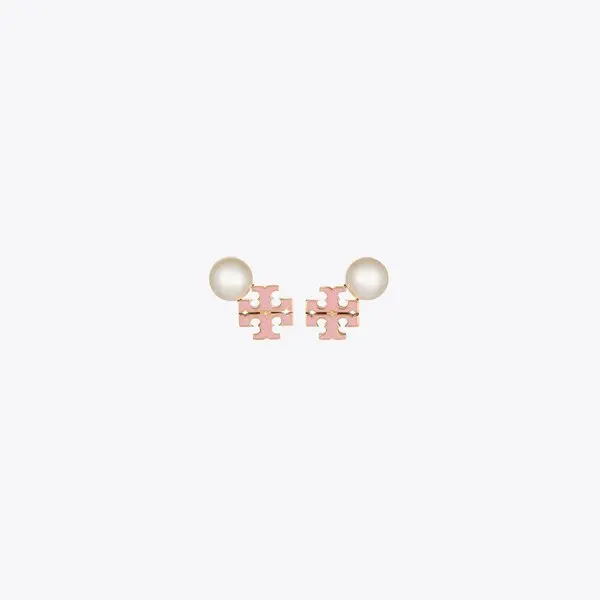 Tory Burch Logo And Pearl Stud Earrings - Light Brass/pearl/pink