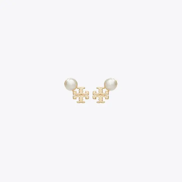 Tory Burch Logo And Pearl Stud Earrings - Tory Gold/pearl