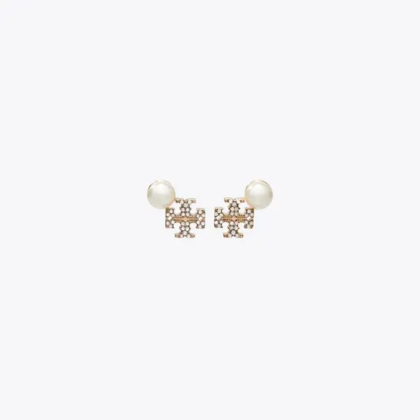 Tory Burch Logo And Pearl Stud Earrings - Tory Gold/pearl/crystal