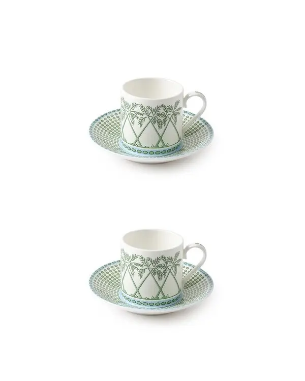 PINK HOUSE Fine Bone China Two Espresso Cups & Saucers Palms - Green
