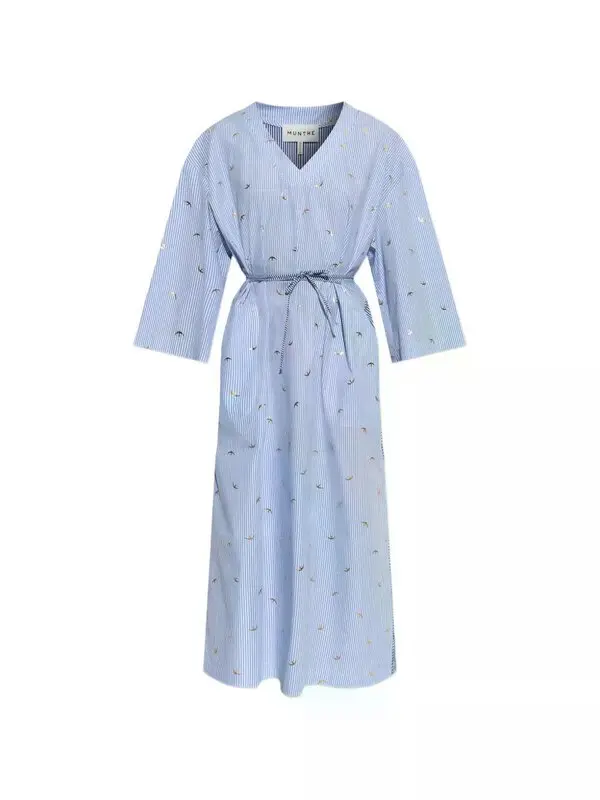Munthe Byrus Stripe Pattern Bird Print Midi Dress