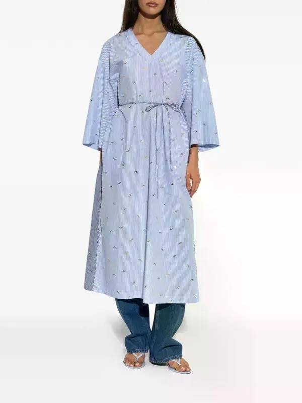 Munthe Byrus Stripe Pattern Bird Print Midi Dress
