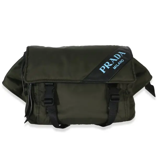 Prada Tessuto Logo Stripe Buckle Messenger Bag - Green