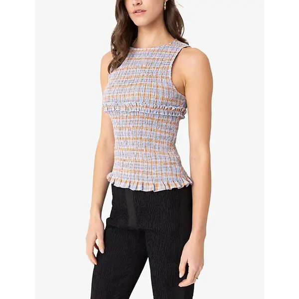 AMY LYNN Smocked Checked Cotton Top - Light Blue